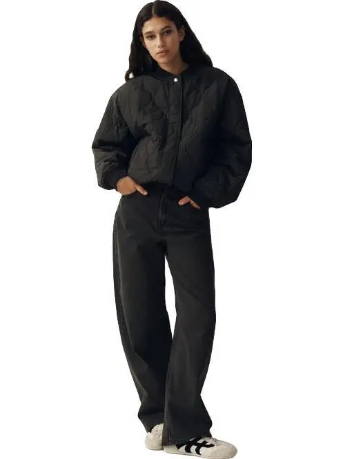 H&m Quilted Bomber Jacket With Stand Collar - Black