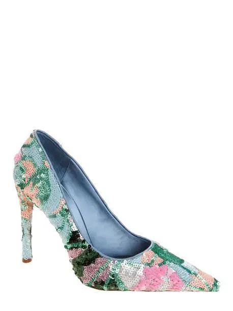 Jeffrey Campbell Sequin Pointed Toe Stiletto Pumps - Teal Satin Combo