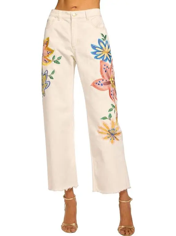 Ramy Brook Embroidered Straight Leg Jeans - White Embroidered