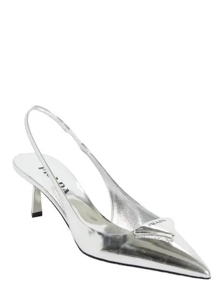 Prada Pointed Toe Metallic Kitten Heel Slingback Pumps - Argento