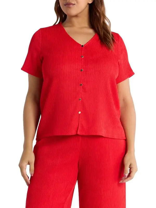 Anne Klein Short Sleeve Textured Knit Button-up Shirt - Begonia Red