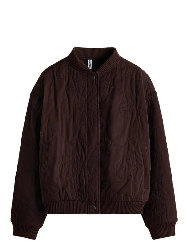 H&m Quilted Bomber Jacket With Ribbed Stand Collar - Dark Brown