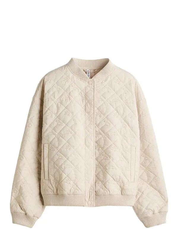 H&m Quilted Bomber Jacket With Ribbed Stand Collar - Light Beige