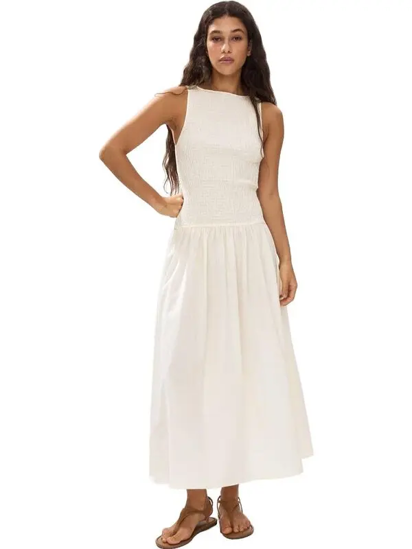 H&m Smocked Seersucker Midi Dress - Cream