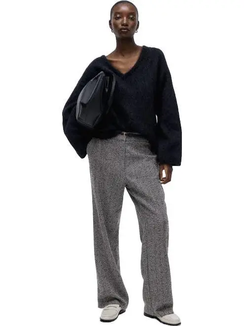 H&m Tailored Straight Leg Trousers - Gray/herringbone-patterned