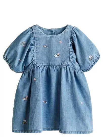 H&m Embroidered Detail Denim Puff Sleeve Dress - Denim Blue/floral