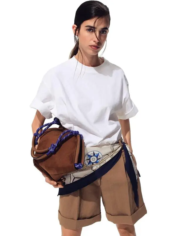 H&m Dressy Twill Shorts With Detachable Scarf - Beige