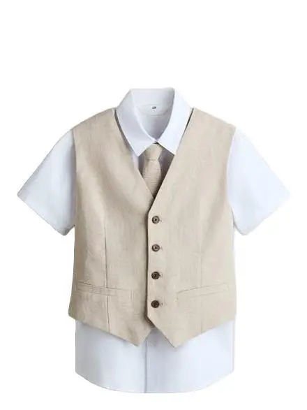 H&m 3-piece Linen Cotton Blend Dress Set With Waistcoat, Shirt, And Tie - Light Beige/white