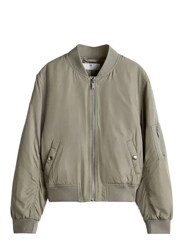 H&m Padded Bomber Jacket With Zip Detail - Khaki Green