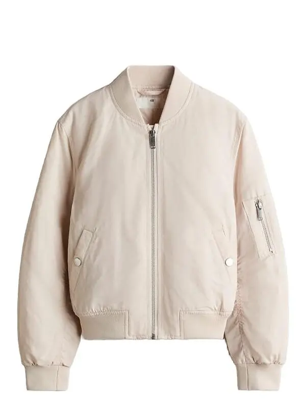 H&m Padded Bomber Jacket With Zip Detail - Light Beige