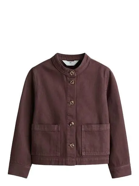 H&m Cotton Twill Band Collar Jacket - Dark Brown
