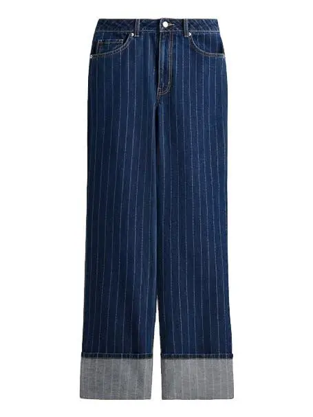 H&m Wide Ultra High Turn-up Jeans - Denim Blue/pinstriped