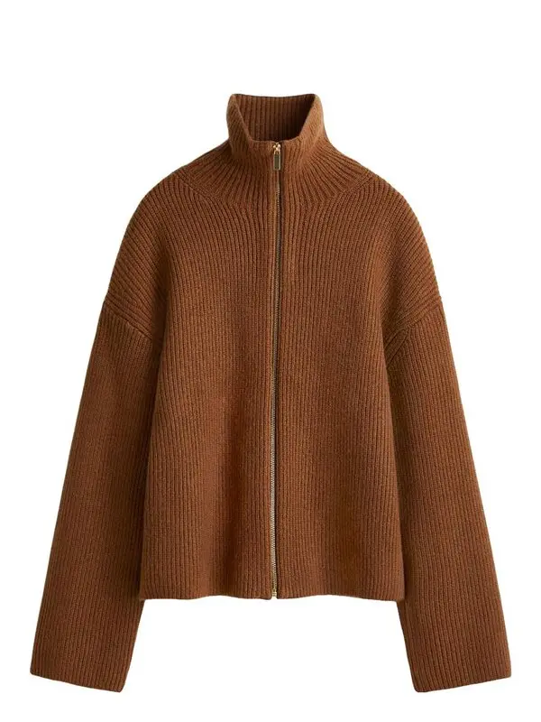 H&m Ribbed Zip-through Cardigan With Stand Collar - Brown