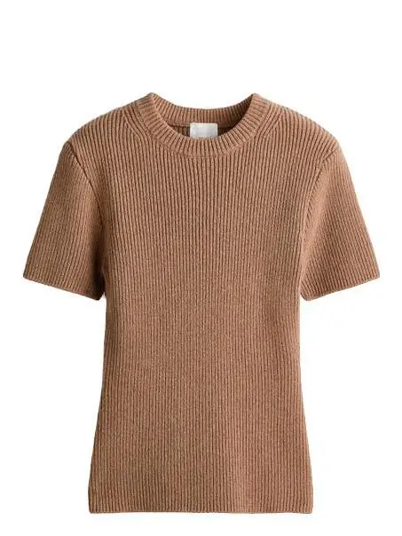 H&m Ribbed Wool-blend T-shirt - Dark Beige