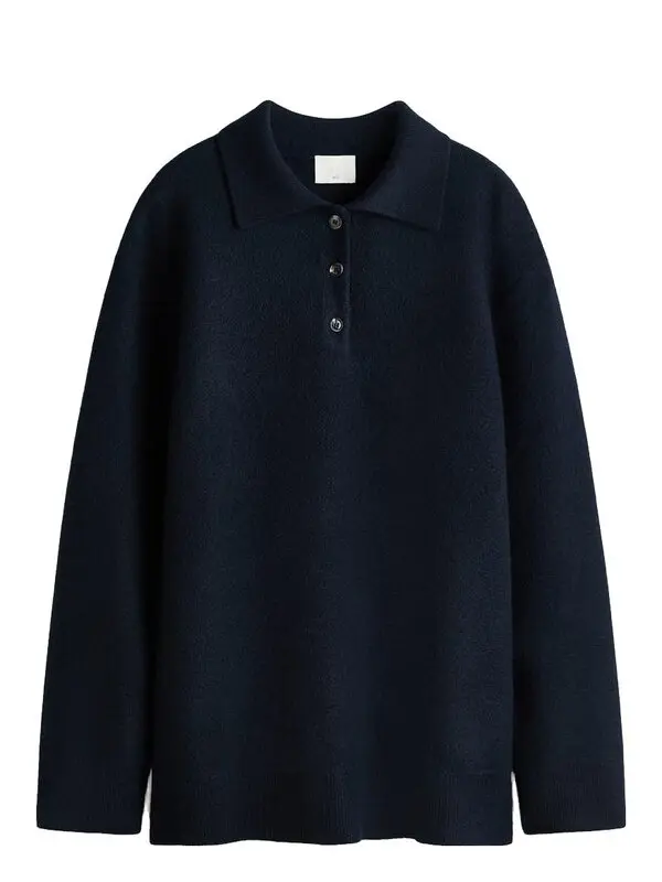 H&m Wool Polo Sweater With Ribbed Details - Navy Blue