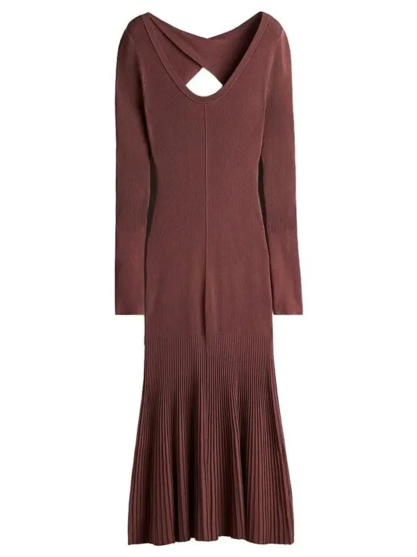 H&m Ribbed Knit Maxi Dress With Plunge Neckline And Cut-out Detail - Brown