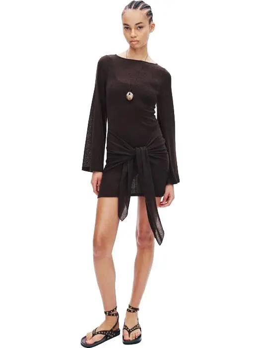H&m Textured Knit Tie-detail Mini Dress - Dark Brown