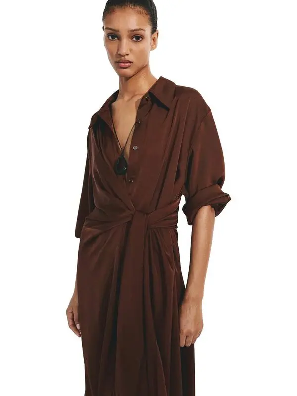 H&m Tie-detail Shirt Dress - Rust Brown
