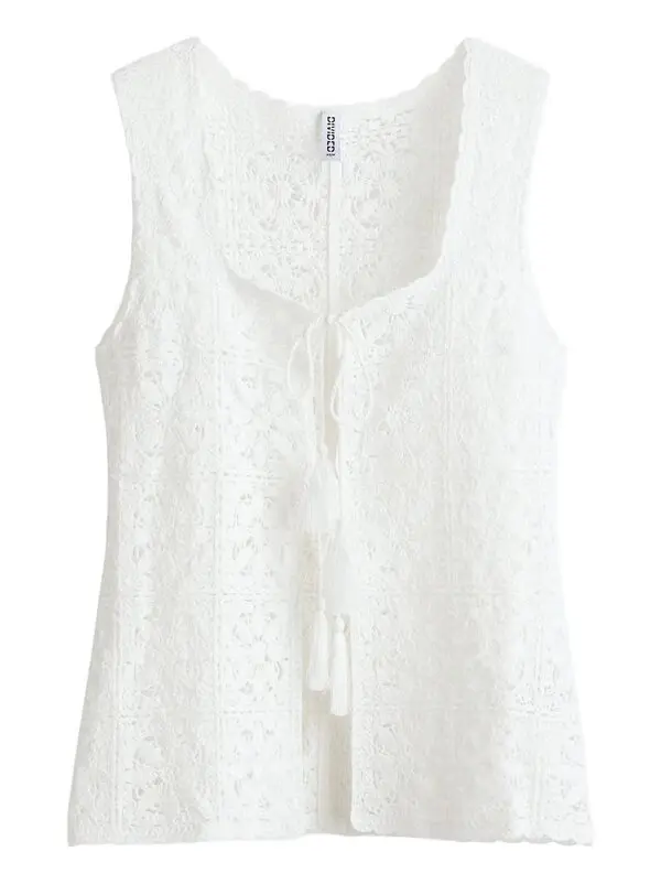 H&m Tie-front Pointelle-knit Top With Scalloped Edges - Cream