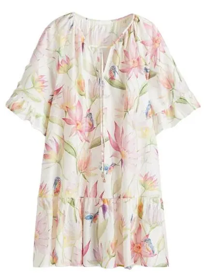 H&m Floral Tie-detail Tunic Dress - Cream/floral