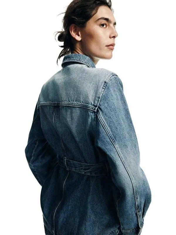 H&m Belted Denim Jacket With Classic Collar - Denim Blue
