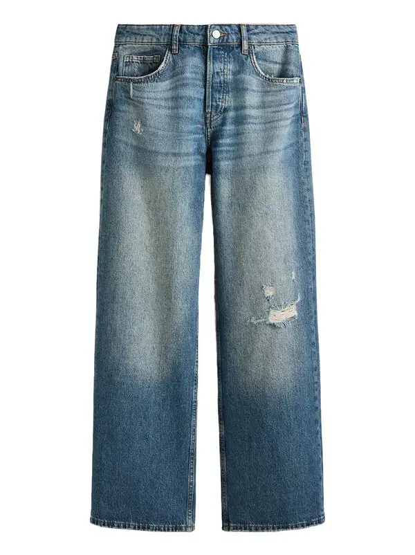 H&m Wide Leg Distressed Denim Jeans - Denim Blue