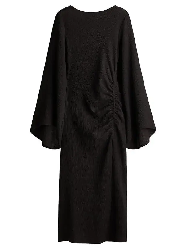 H&m Trumpet-sleeved Textured Jersey Dress - Dark Brown