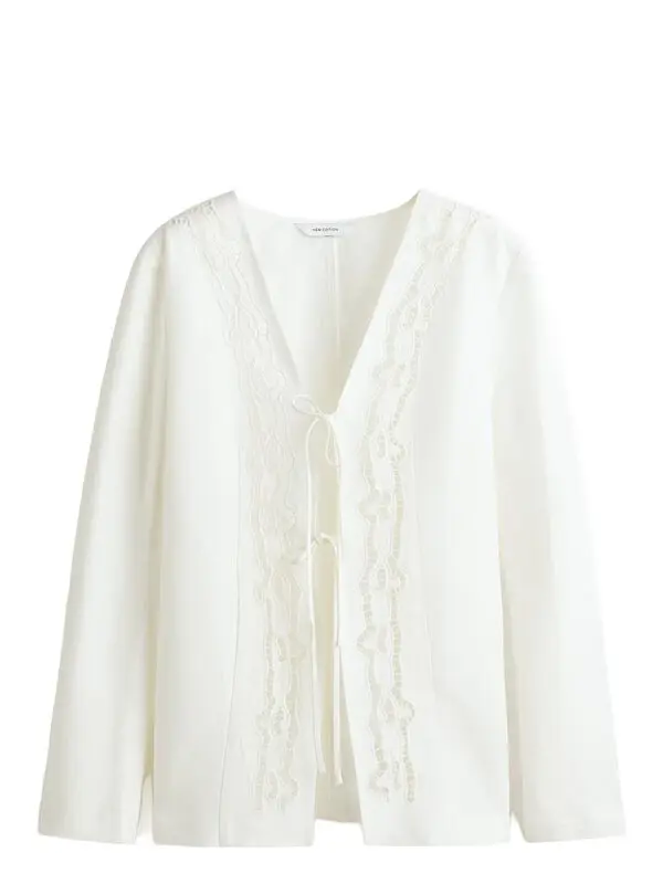 H&m Linen-blend Tie-front Blazer - White