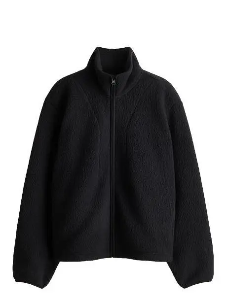 H&m Teddy Zip-up Sports Jacket With Stand Collar - Black