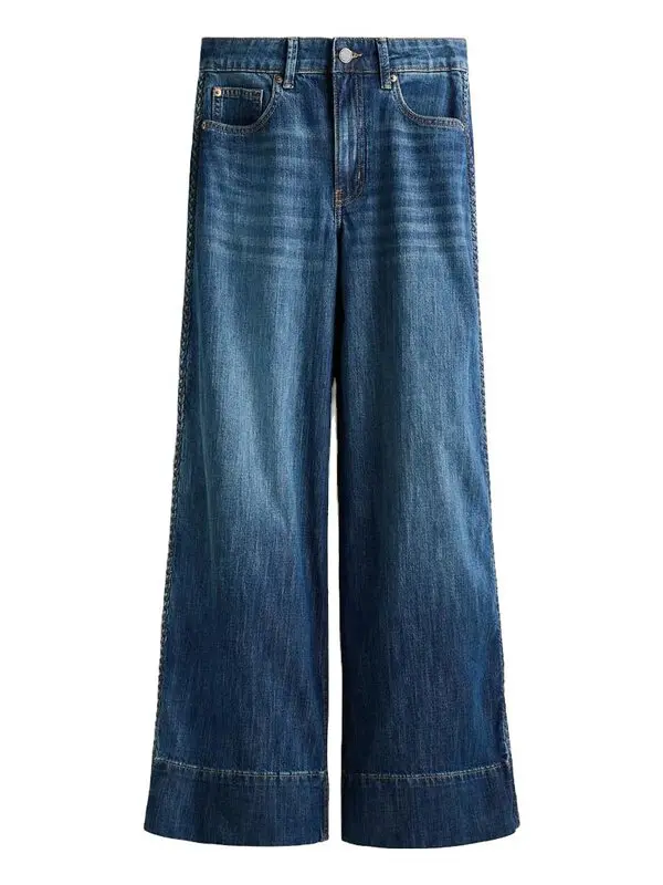H&m Wide Leg High Rise Jeans With Braided Trim - Denim Blue