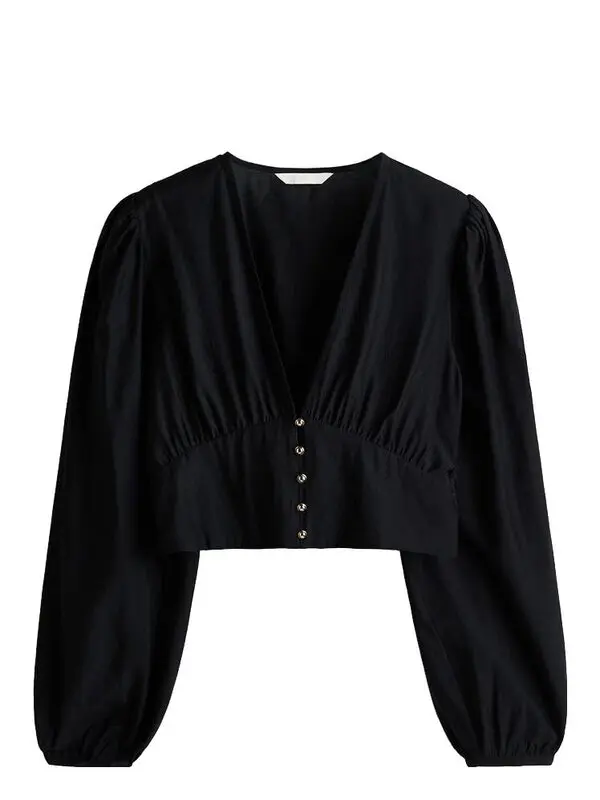 H&m V-neck Puff Sleeve Blouse - Black