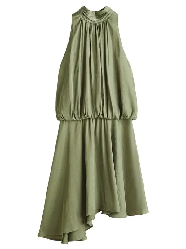 H&m Asymmetric Hem Ruched Stand Collar Dress - Green