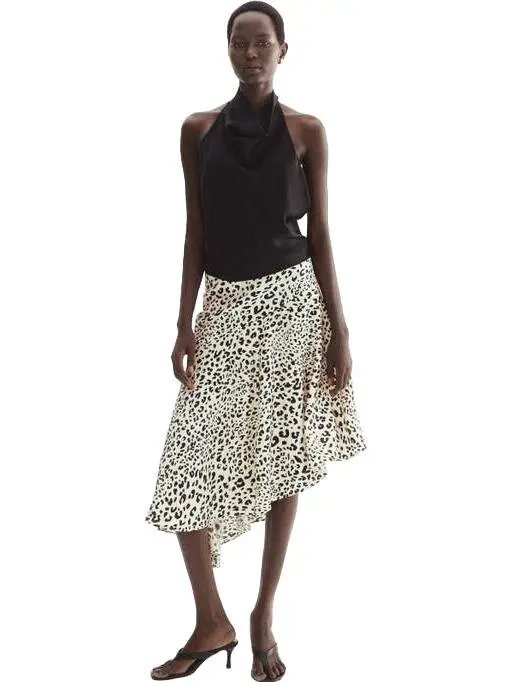 H&m Asymmetric Viscose Midi Skirt - Cream/leopard Print