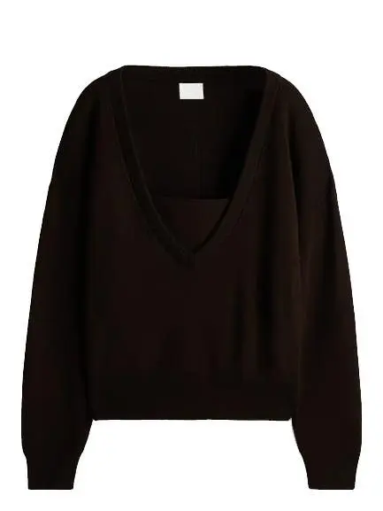 H&m Oversized V-neck Jumper With Layered Effect - Dark Brown