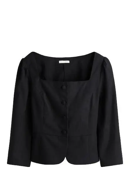 H&m Square-neck Blazer With Puff Sleeves - Black