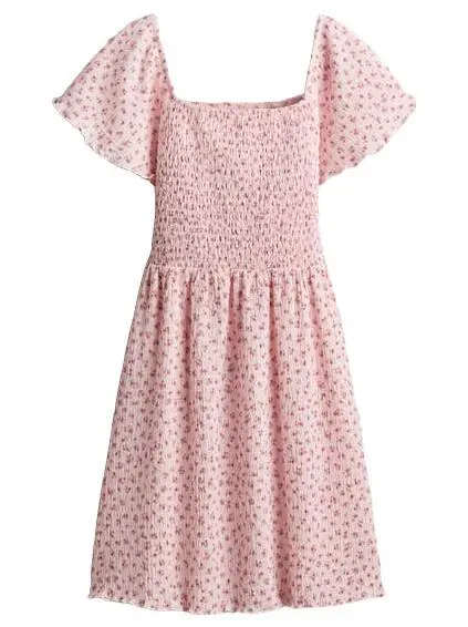 H&m Smocked Bodice Crinkled Jersey Dress With Butterfly Sleeves - Light Pink/floral