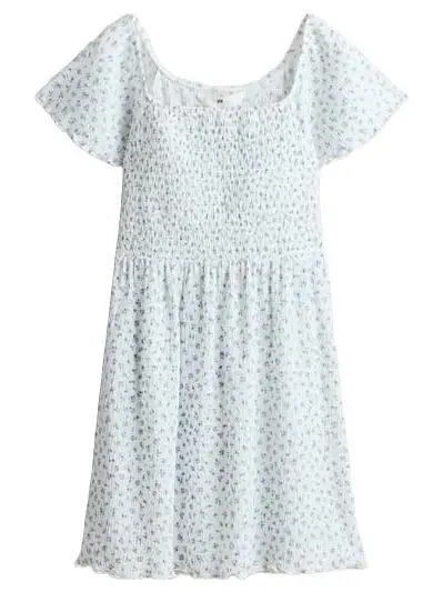 H&m Smocked Bodice Crinkled Jersey Dress With Butterfly Sleeves - White/blue Floral