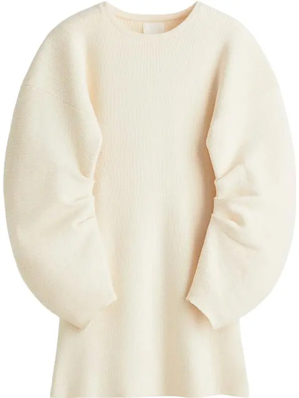 H&m Viscose-blend Rib-knit Dress With Voluminous Sleeves - Cream