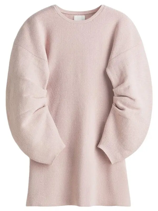 H&m Viscose-blend Rib-knit Dress With Voluminous Sleeves - Light Dusty Pink