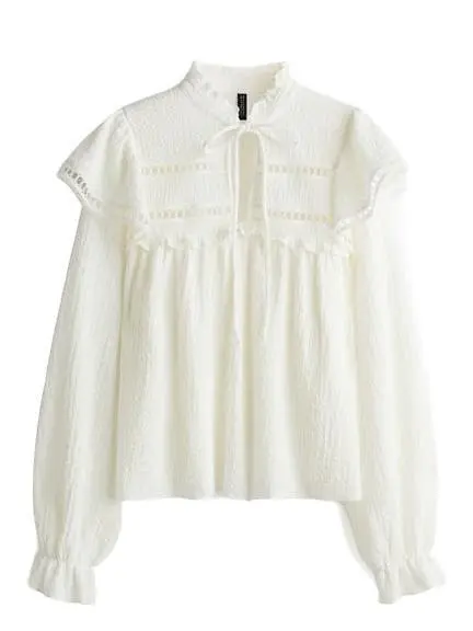 H&m Textured Jersey Blouse With Frill Collar And Lace Insets - Cream