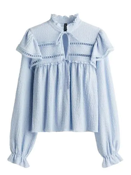 H&m Textured Jersey Blouse With Frill Collar And Lace Insets - Light Blue