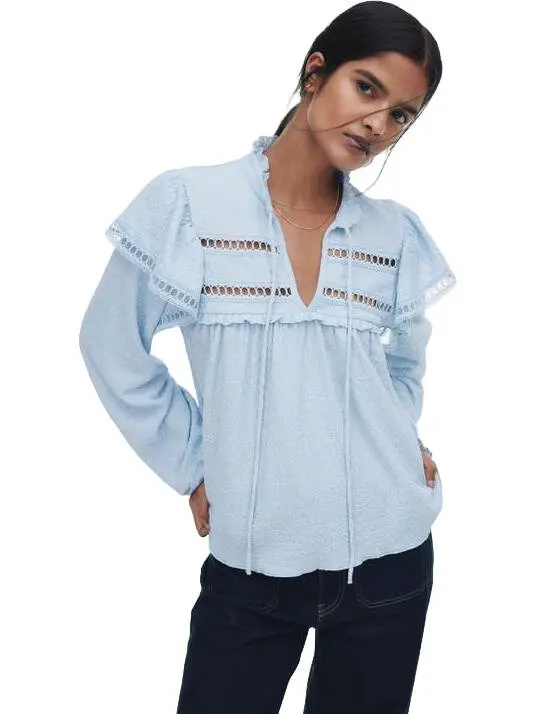 H&m Textured Jersey Blouse With Lace And Ruffle Details - Light Blue