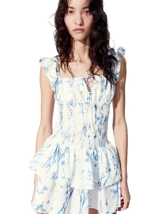 H&m Smocked Waist Dress With Flutter Sleeves - White/blue Floral