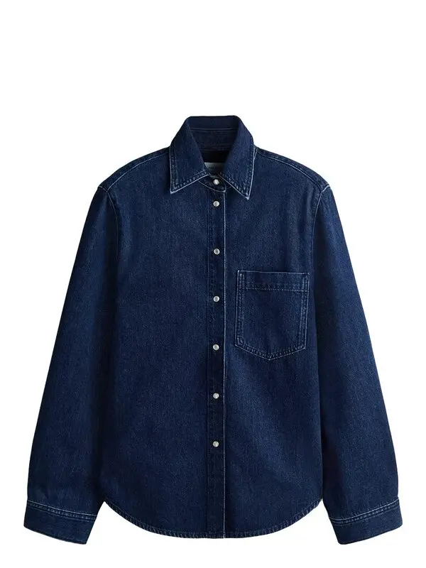 H&m Denim Shirt With Pearly Press-studs And Shoulder Pads - Denim Blue