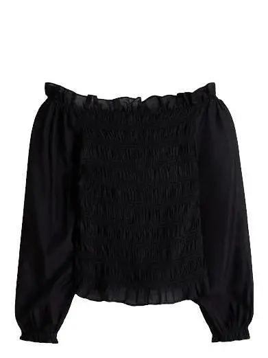H&m Smocked Off-the-shoulder Blouse With Frill Trim - Black