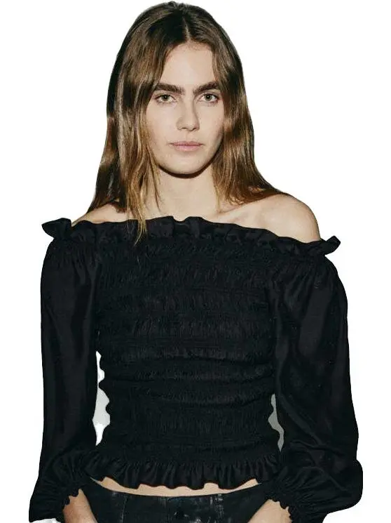 H&m Smocked Off-the-shoulder Blouse With Voluminous Sleeves - Black