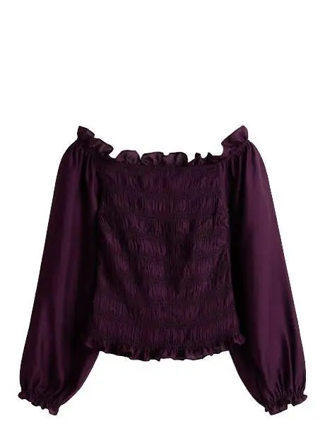 H&m Smocked Off-the-shoulder Blouse With Frill Trim - Plum Purple