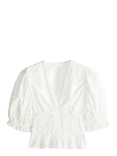 H&m Smocked Waist Blouse With Puff Sleeves And Frill Cuffs - White