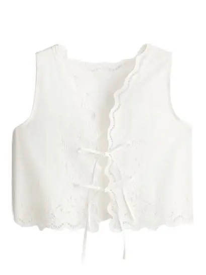 H&m Cropped Beach Top With Broderie Anglaise And Scalloped Edges - White