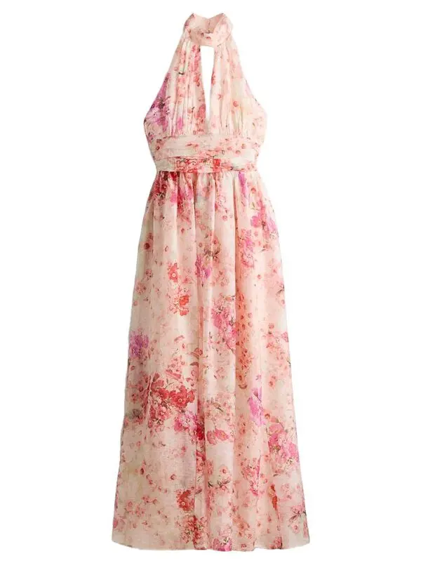 H&m Tie-detail Halterneck Maxi Dress - Light Pink/floral